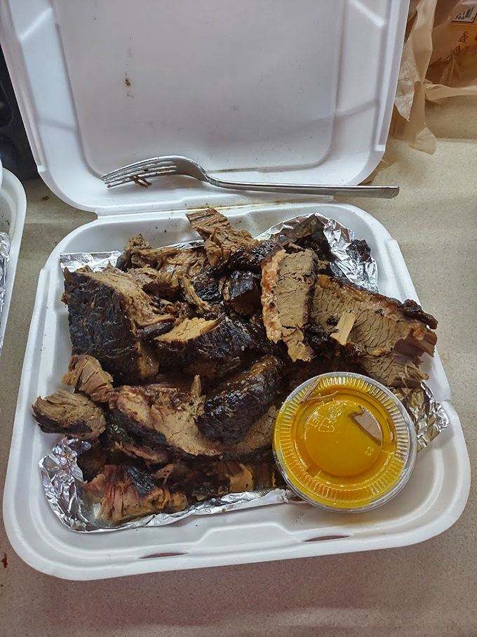 Brisket so tender it practically surrenders at the sight of your fork. That bark! That smoke ring! That's BBQ nirvana in a takeout container.