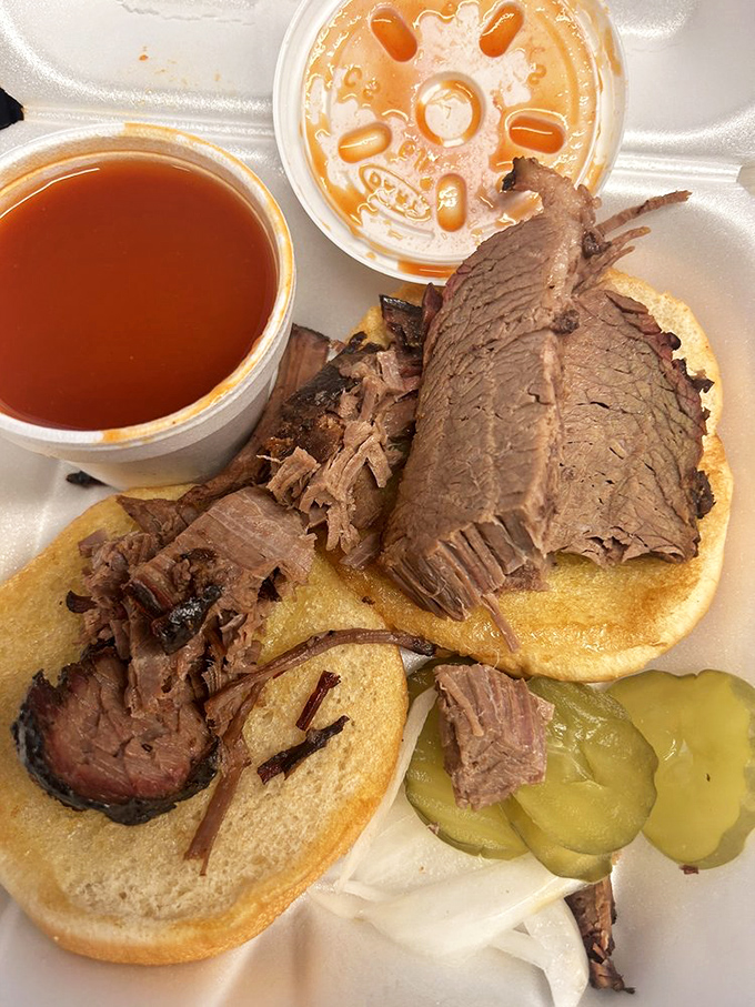 Behold the brisket in its natural habitat: tender slices lounging on a soft bun with pickles standing guard and sauce waiting patiently.