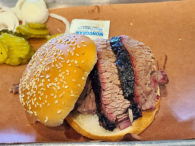 Behold the brisket sandwich in all its glory&mdash;that smoke ring is the barbecue equivalent of a Rolex, signaling craftsmanship that can't be rushed.