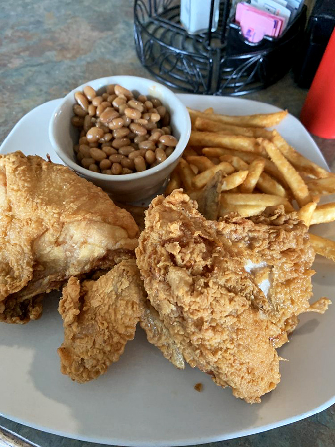 Broasted chicken that would make your grandmother jealous, served with perfectly crisp fries and baked beans. Comfort food nirvana achieved!