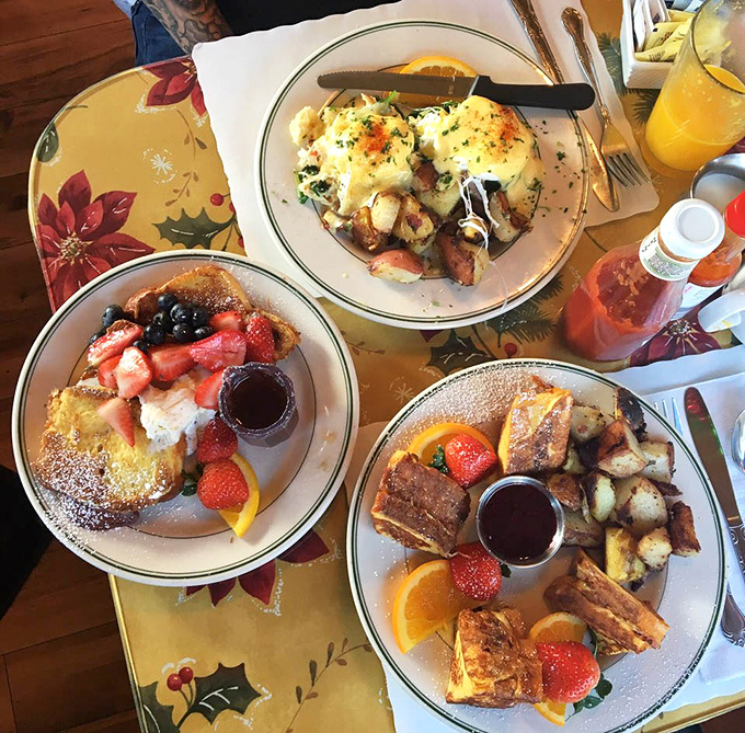 Breakfast nirvana on a plate: French toast dusted with powdered sugar, eggs Benedict with perfect hollandaise, and pancakes that defy gravity.