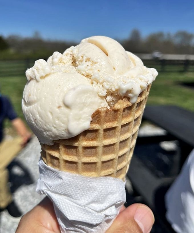 Butter Pecan in a freshly-made waffle cone&mdash;where Southern tradition meets frozen perfection. Some relationships are just meant to be.