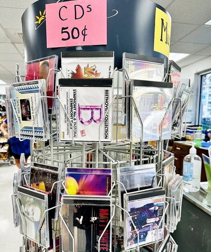 Nostalgia spins at 33 1/3 RPM for just two quarters. Before streaming and playlists, music came in these circular time machines, now yours for pocket change.