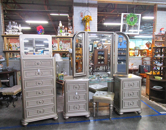 This silver vanity set isn't just furniture—it's a glamour station where someone's grandmother once prepared for nights on the town.