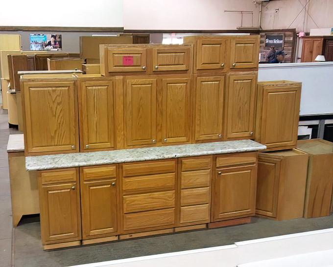 Kitchen cabinet jackpot! One person's renovation castoff becomes another's custom kitchen solution at a fraction of retail prices.
