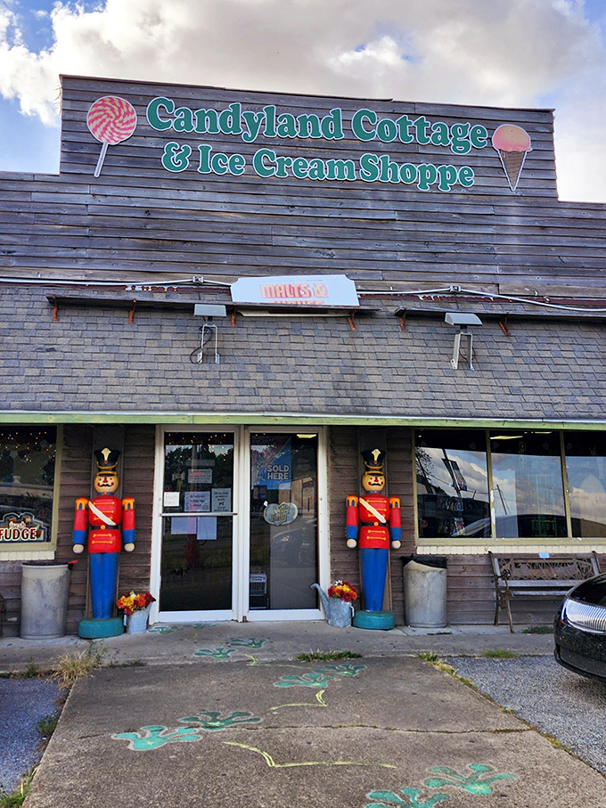 Candyland Cottage & Ice Cream Shoppe, guarded by nutcracker sentinels, promises sweet treats without the big-city prices. A Social Security-friendly indulgence for the young at heart.