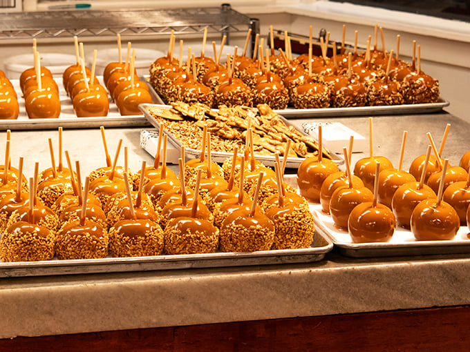 Caramel apple paradise! These glistening orbs of perfection stand like delicious soldiers, ready to sacrifice themselves for your pleasure.