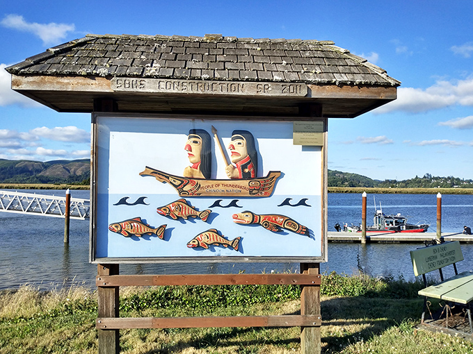 Indigenous artwork celebrates the "People of the Willapa," honoring the deep cultural roots of this working waterfront.