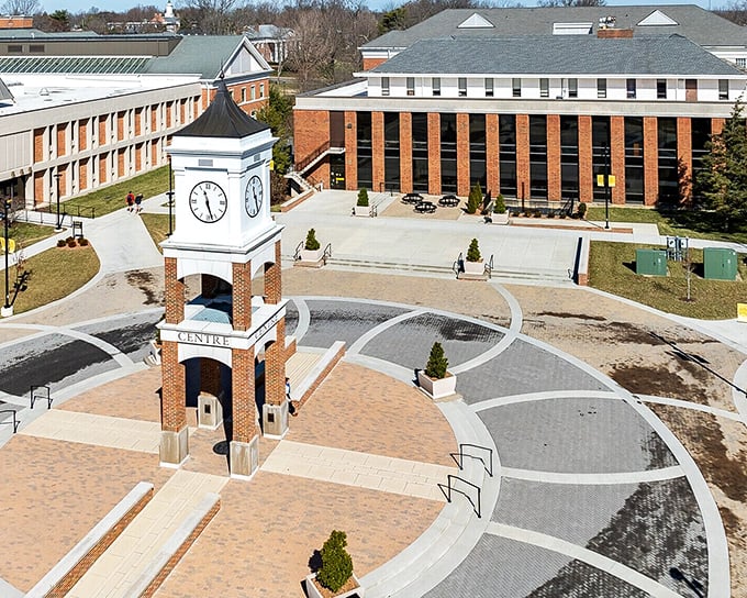 Centre College's iconic clock tower stands as both timekeeper and landmark, reminding students that education is timeless but classes definitely aren't.