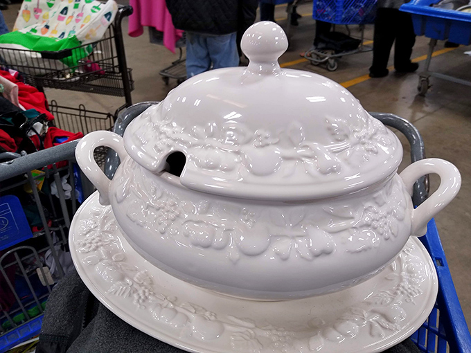This elegant soup tureen waits patiently for its next dinner party, probably fancier than anything we attended.