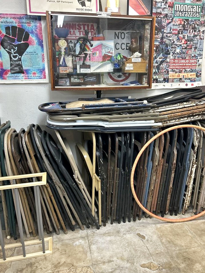 A forest of metal frames stands ready for new homes, while a piano keyboard peeks out, silently asking, "Will you play me again?"