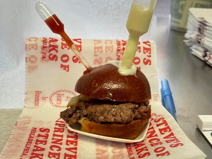 This mini burger might look innocent, but those sauce-filled syringes suggest a flavor crime scene waiting to happen. Deliciously criminal.