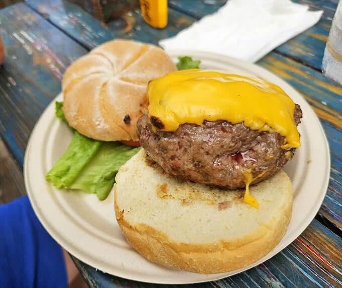 Behold the star of the show: a hand-formed sirloin masterpiece on a paper plate, proving greatness needs no fancy presentation.