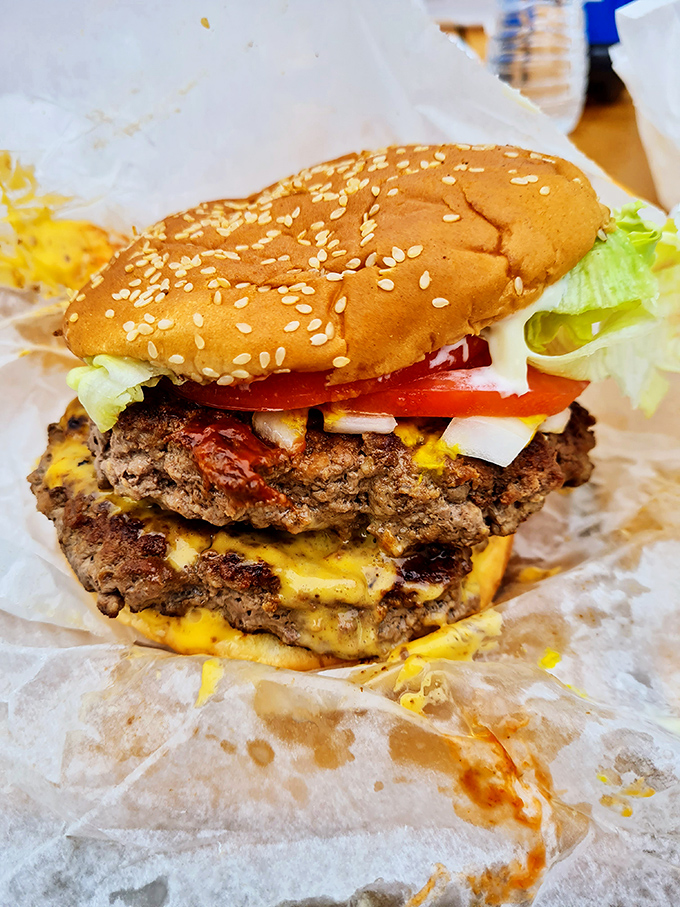 Behold the star of the show—a cheeseburger so perfectly constructed it could make architects weep. That melty cheese cascade isn't an accident, folks.