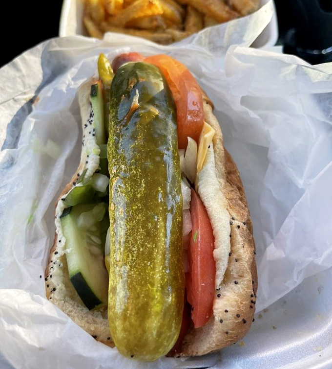 The Chicago Dog in its natural habitat&mdash;nestled in paper, adorned with garden-fresh toppings, and absolutely refusing to make room for ketchup.