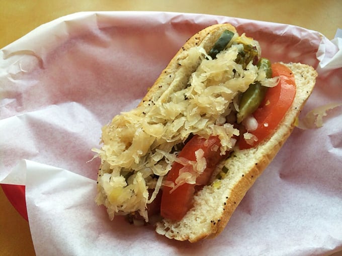 The Chicago dog in all its glory &ndash; a symphony of toppings that proves sometimes more is more, especially when "more" includes that electric green relish.