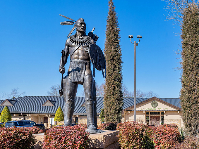 This impressive Chickasaw warrior statue stands as a proud reminder of the rich Native American heritage that shapes Ada's cultural landscape.
