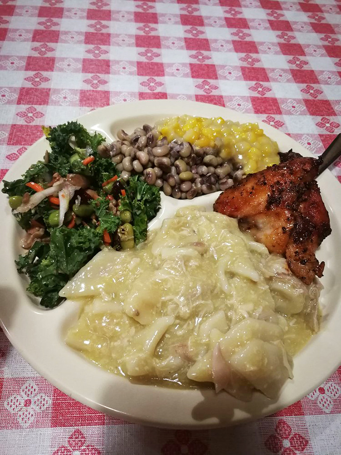 Southern cooking's greatest hits on one plate: chicken, black-eyed peas, greens, and creamed corn&mdash;a quartet that performs better than the Beatles.