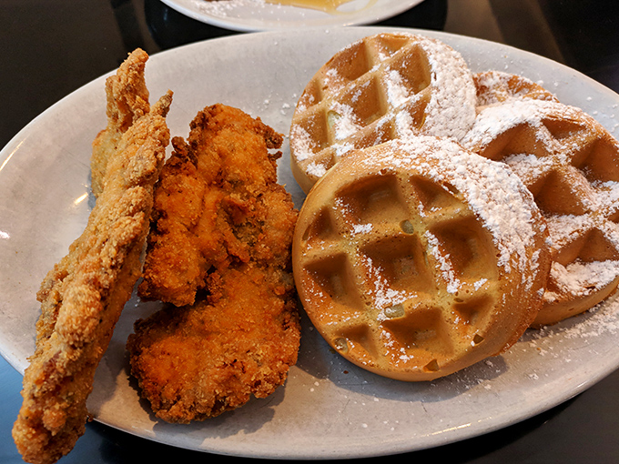 Behold the crown jewel: chicken and waffles that achieve that impossible balance of crispy, savory, sweet, and indulgent&mdash;a plate that could unite warring nations.