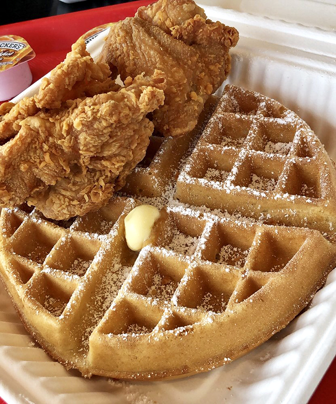 The holy matrimony of crispy golden chicken and powdered sugar-dusted waffles&mdash;a relationship counselor couldn't design a more perfect pairing.