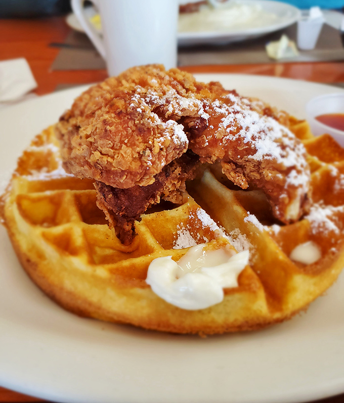 Behold the golden-crusted masterpiece: crispy chicken meets fluffy waffle in the most glorious breakfast marriage since bacon met eggs.