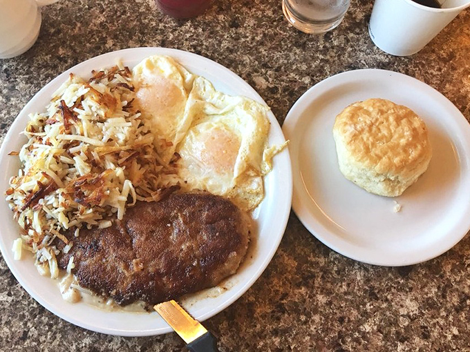 Chicken fried steak with crispy edges and country gravy&mdash;the breakfast equivalent of getting an unexpected tax refund.