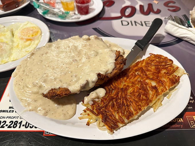 Country-fried steak swimming in gravy alongside hash browns that achieved the golden-brown perfection most of us can only dream about.