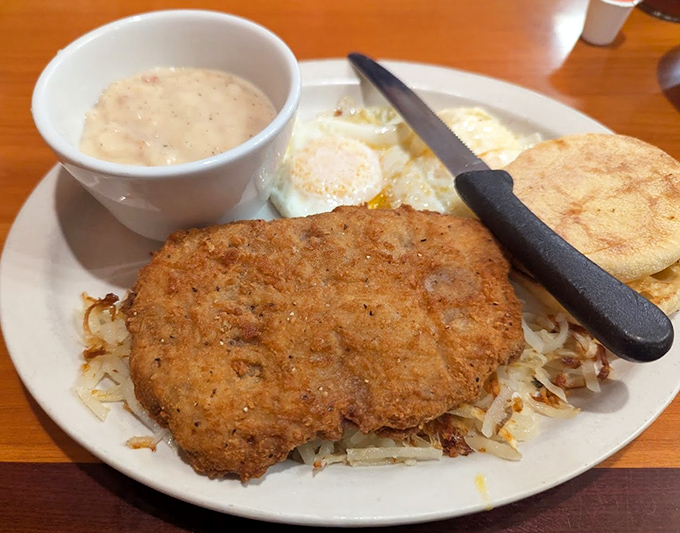 Chicken fried steak: where breakfast meets dinner and decides to throw a party on your plate, complete with gravy that could make a vegetarian reconsider.