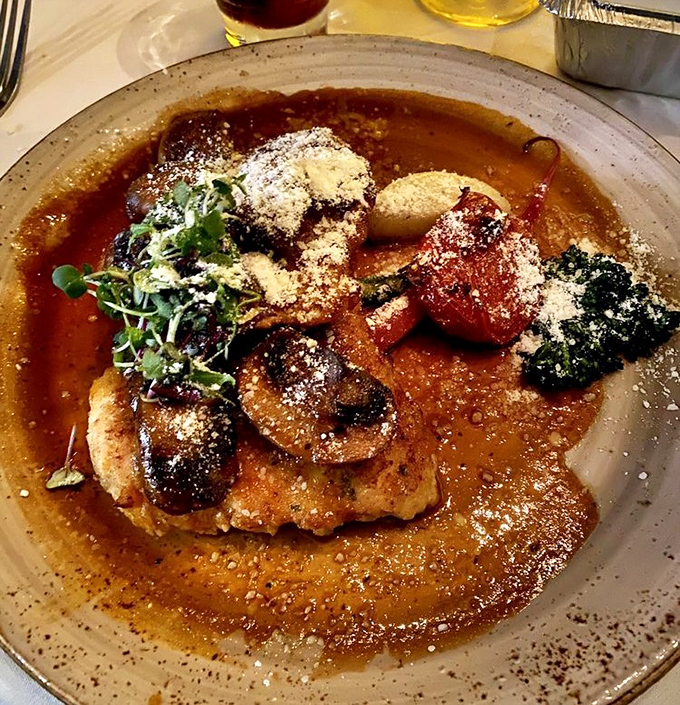 The legendary Chicken Marsala arrives like a work of art&mdash;golden chicken bathed in that mahogany sauce with mushrooms playing hide and seek throughout.