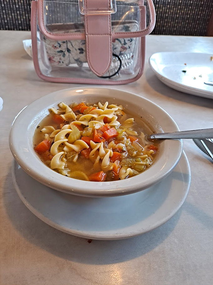 This isn't just chicken noodle soup—it's a bowl of liquid comfort featuring plump noodles and vegetables that haven't forgotten their farm-fresh origins.