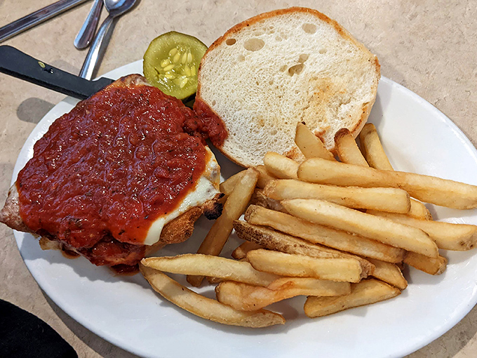Behold the star attraction&mdash;a chicken parmesan sandwich that makes other sandwiches question their life choices. That sauce-to-cheese ratio is nothing short of poetry.