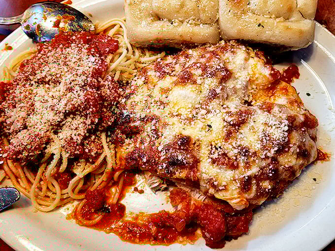 Behold the legendary Chicken Salerno in all its glory &ndash; a masterpiece of tender chicken, tangy sauce, and pasta that captures hearts.