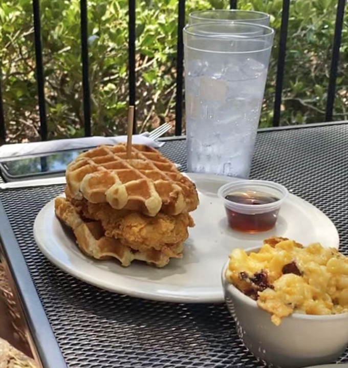 The chicken and waffles here aren't just breakfast-meets-dinner; they're a sweet-savory romance that would make Shakespeare write a sonnet.