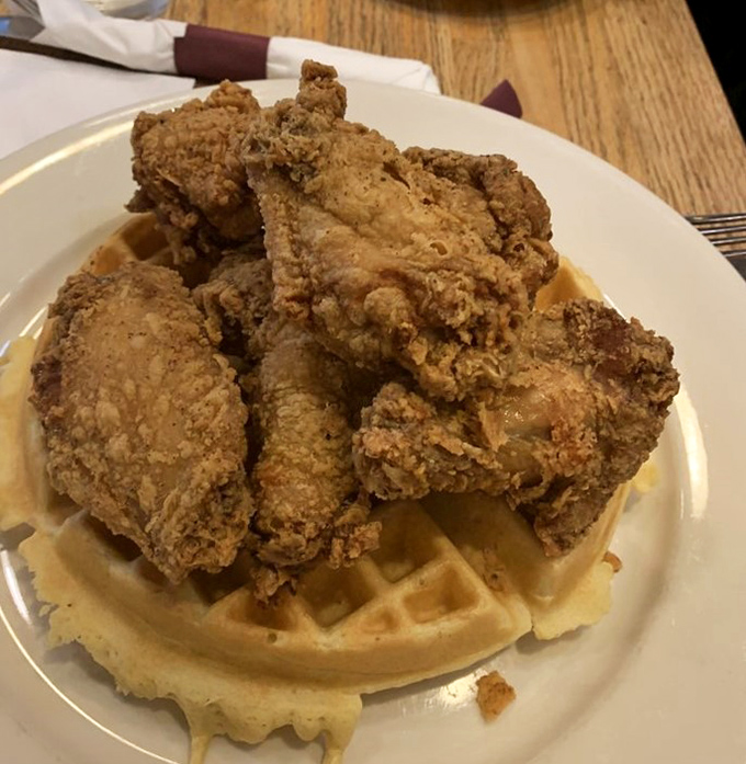 Behold the champion of breakfast battles: golden-brown fried chicken perched atop a Belgian waffle throne. Worth crossing county lines for.