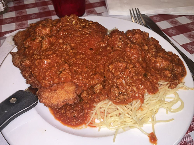 Spaghetti with meat sauce—where the pasta is merely the vehicle for that rich, hearty sauce that's clearly been simmering for hours.
