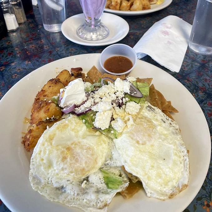 The legendary chilaquiles in all their glory—perfectly fried tortillas, sunny-side eggs, and queso fresco creating a breakfast symphony that's worth the drive.