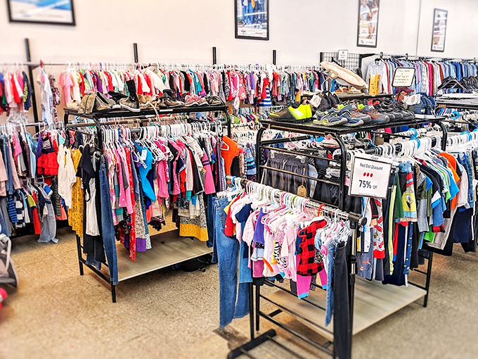A rainbow of possibilities hangs on the racks, each garment with its own history and future, waiting for its next chapter.
