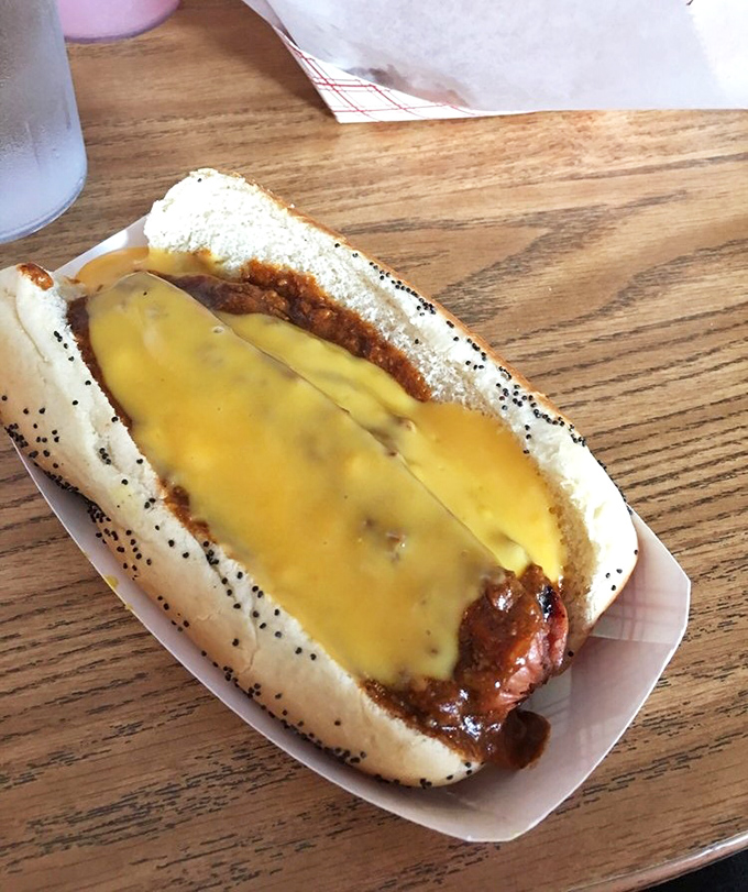 Behold the chili cheese dog in its natural habitat&mdash;a poppy seed bun cradle for this molten masterpiece of comfort.