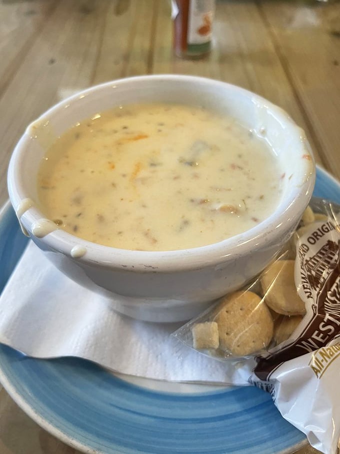 The legendary clam chowder arrives like a creamy ocean in a bowl, with tender clams playing hide and seek among potatoes and herbs.