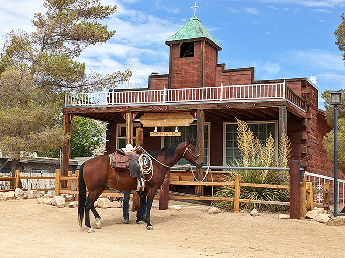 This isn't just any church—it's where the spiritual meets the cinematic, complete with a hitching post for your trusty steed.