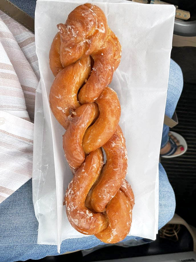 Behold the cinnamon twist in all its braided glory! This isn't just fried dough&mdash;it's a carbohydrate masterpiece worthy of its own museum exhibit.