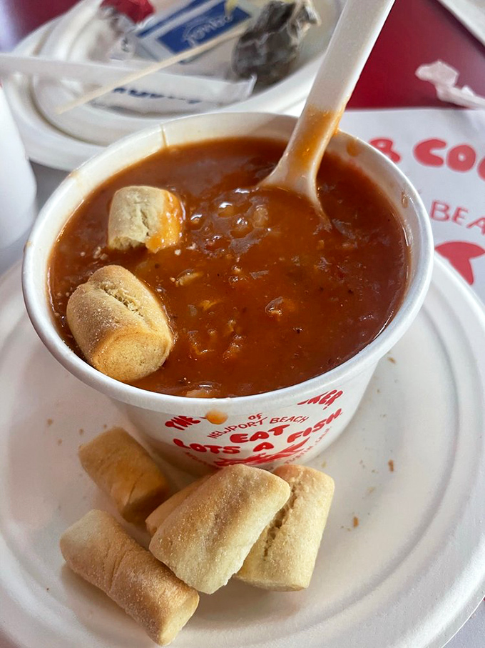 Manhattan clam chowder in a paper cup &ndash; proof that perfection doesn't need fancy china.