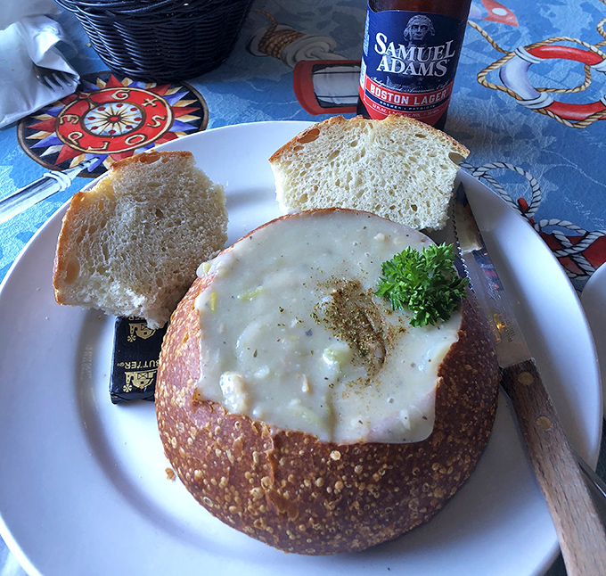 Clam chowder served in a sourdough bread bowl&mdash;where the container is as delicious as what's inside. The ultimate California coastal comfort in edible form.