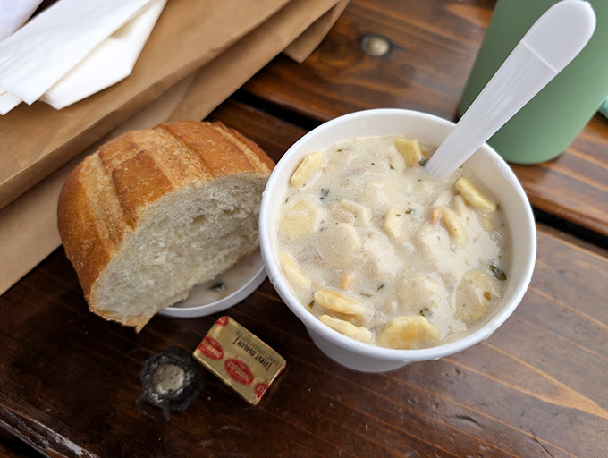 The holy trinity: creamy chowder, crusty sourdough, and coastal views. This is what California dreams taste like, one heavenly spoonful at a time.
