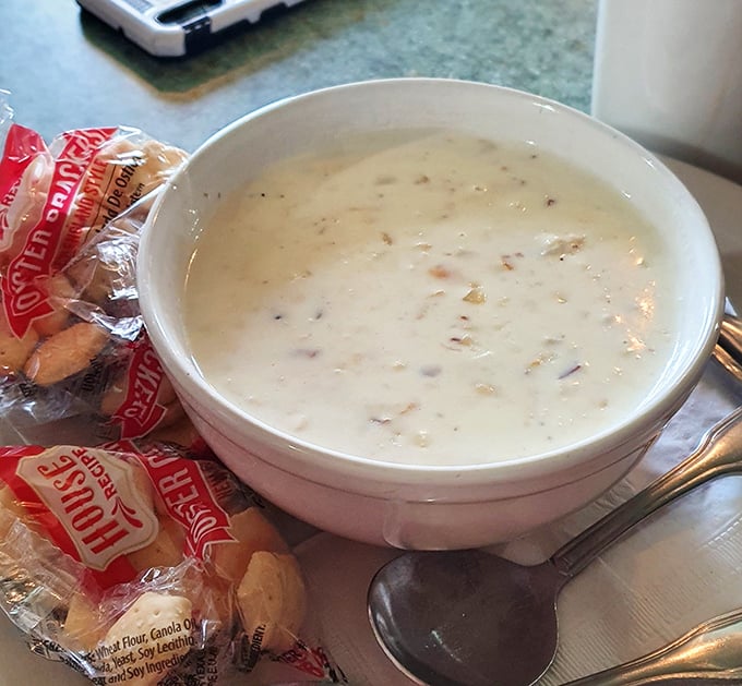 A bowl of liquid Maine poetry&mdash;creamy clam chowder that strikes the perfect balance between broth and substance. Oyster crackers standing by for duty.