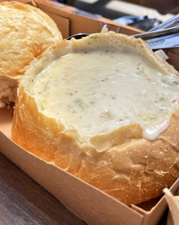 The holy grail of chowders: creamy, herb-flecked perfection cradled in a sourdough bread bowl that's destined to be torn apart and devoured with zero regrets.