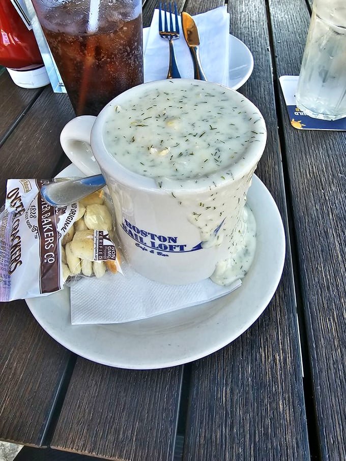Behold the holy grail of chowder&mdash;creamy, herb-flecked perfection served in a mug that keeps it piping hot until the last heavenly spoonful.