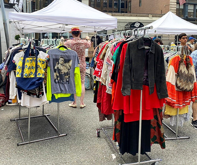 Fashion archaeology in action! Racks of vintage clothing offer everything from band tees to leather jackets that have stories woven into every fiber.