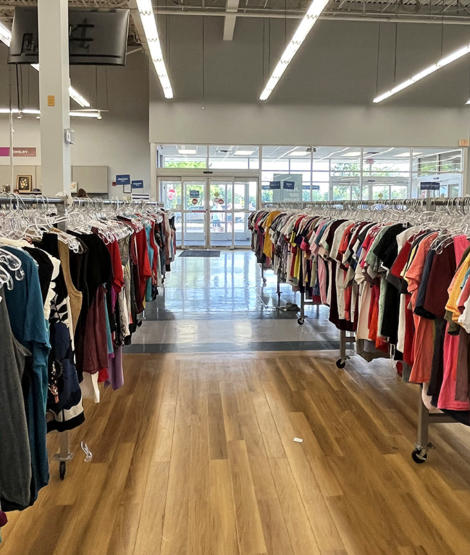 Endless racks of carefully organized clothing create fashion runways that stretch toward the horizon of possibility.