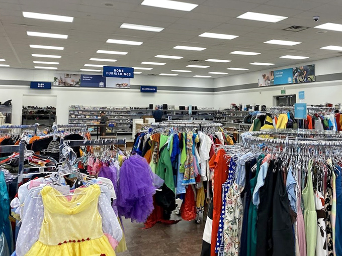 A rainbow explosion of children's clothing awaits new homes, each tiny garment telling stories of first steps, birthday parties, and growth spurts long past.